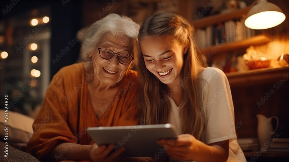 Adult daughter teaches her elderly mother how to use the tablet between laughter and learning ...