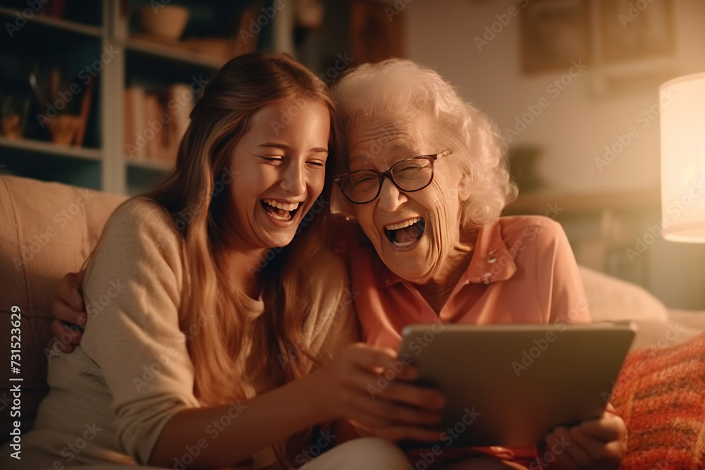 Adult daughter teaches her elderly mother how to use the tablet between laughter and learning ...