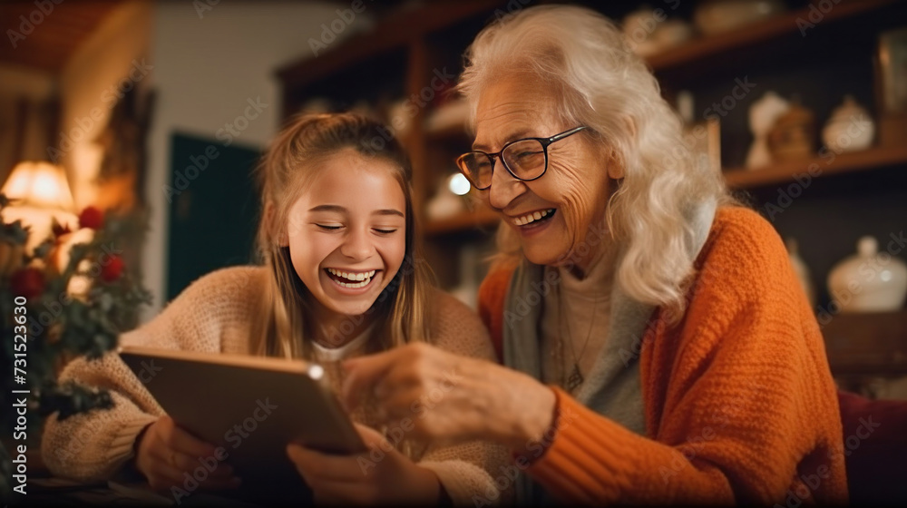 Adult daughter teaches her elderly mother how to use the tablet between laughter and learning ...