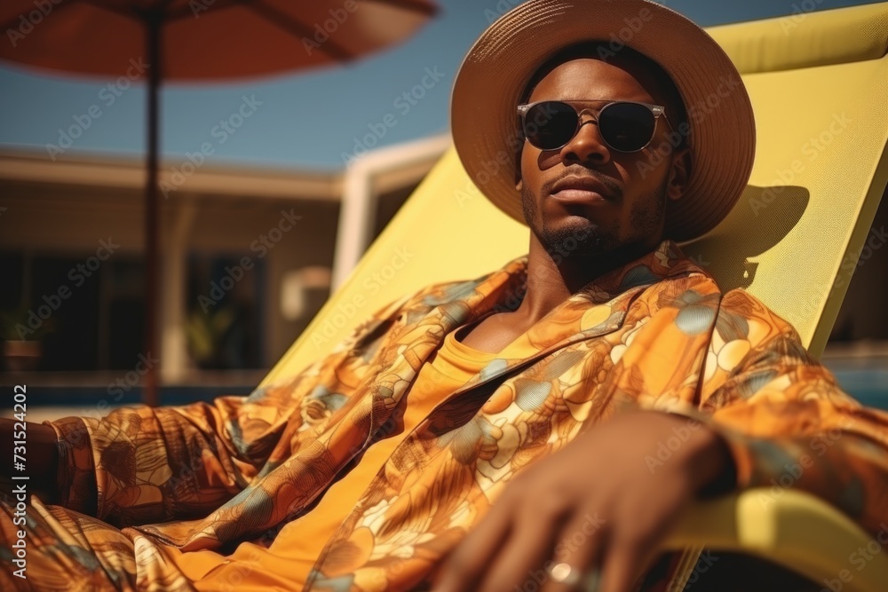 African American black man in sunglasses and hat sits comfortably on a ...