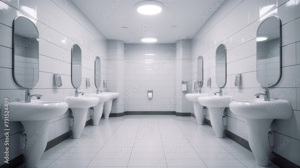 Interior of bathroom with sink basin faucet lined up and public toilet ...
