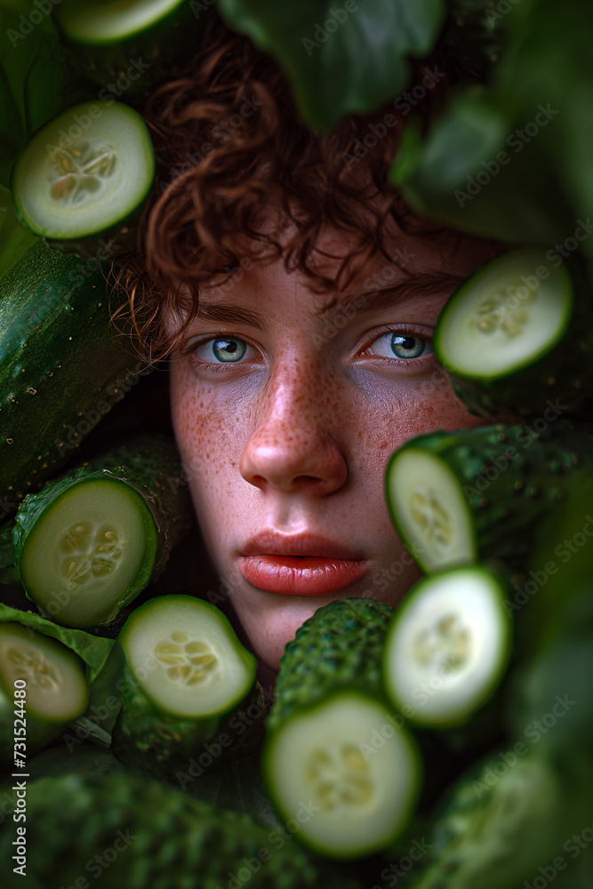 Man with cucumbers around her face.A man embraces the natural beauty of ...