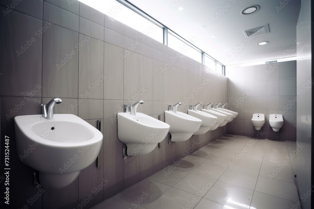 Interior of bathroom with sink basin faucet lined up and public toilet ...