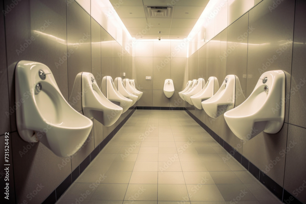 Interior of bathroom with sink basin faucet lined up and public toilet ...