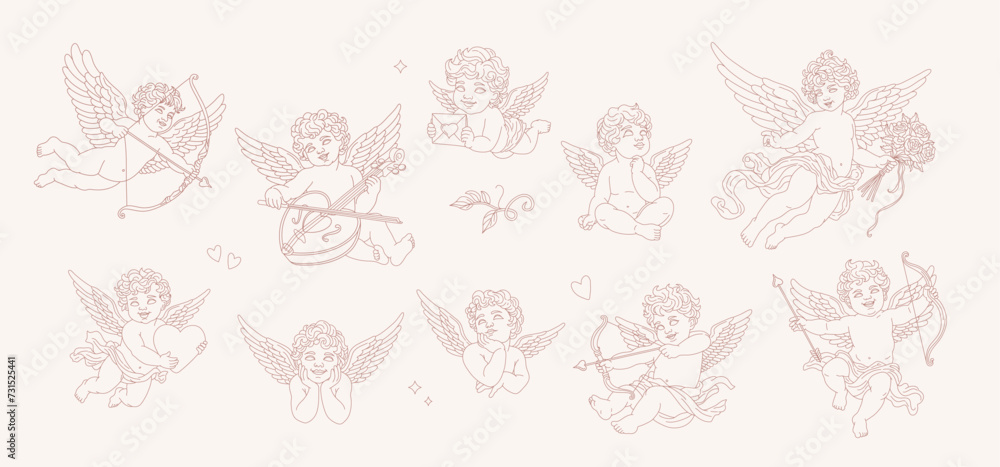 Vintage cherub outlines and line art for valentines day, Isolated cupid ...