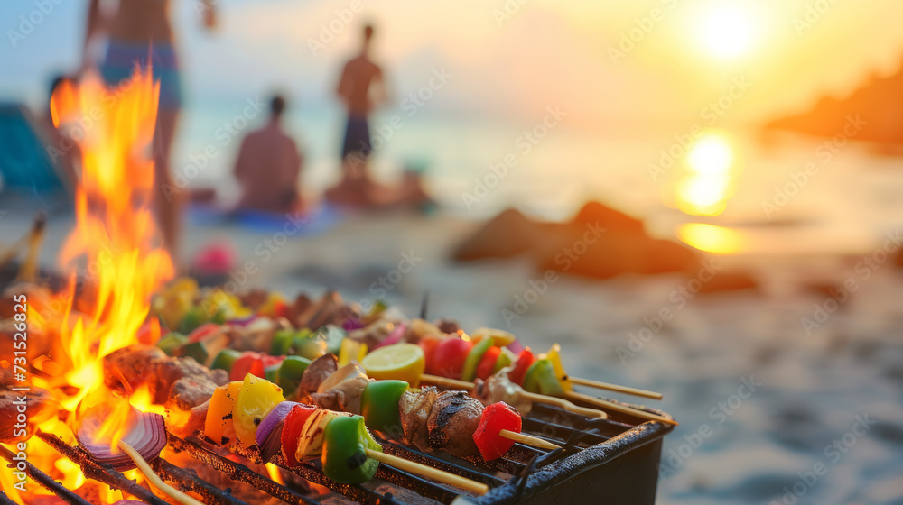 Summer bbq concept image with skewers on a hot barbecue on the beach ...