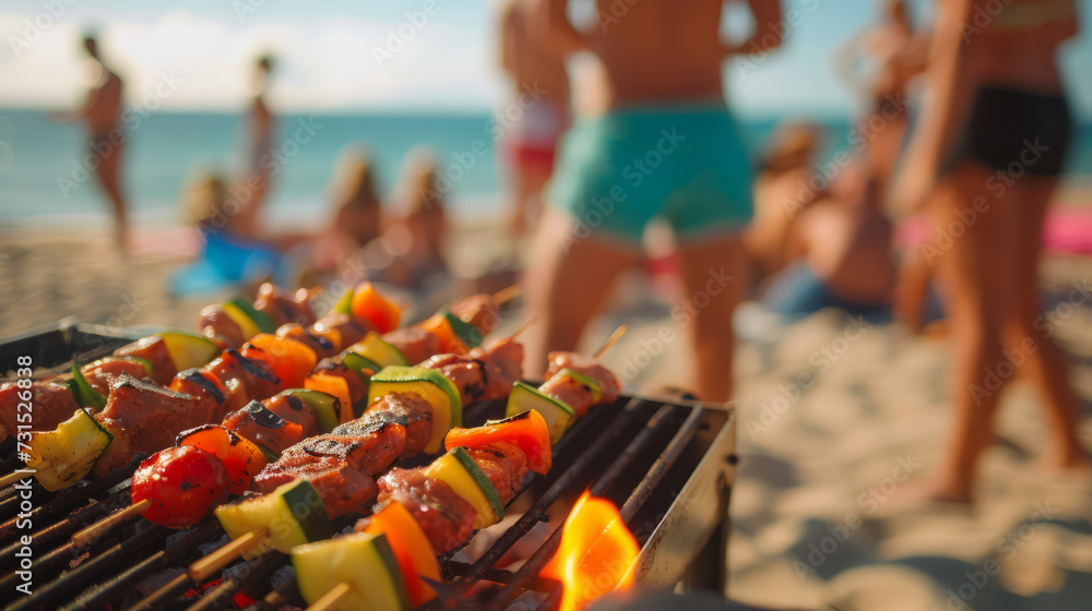 Summer bbq concept image with skewers on a hot barbecue on the beach ...