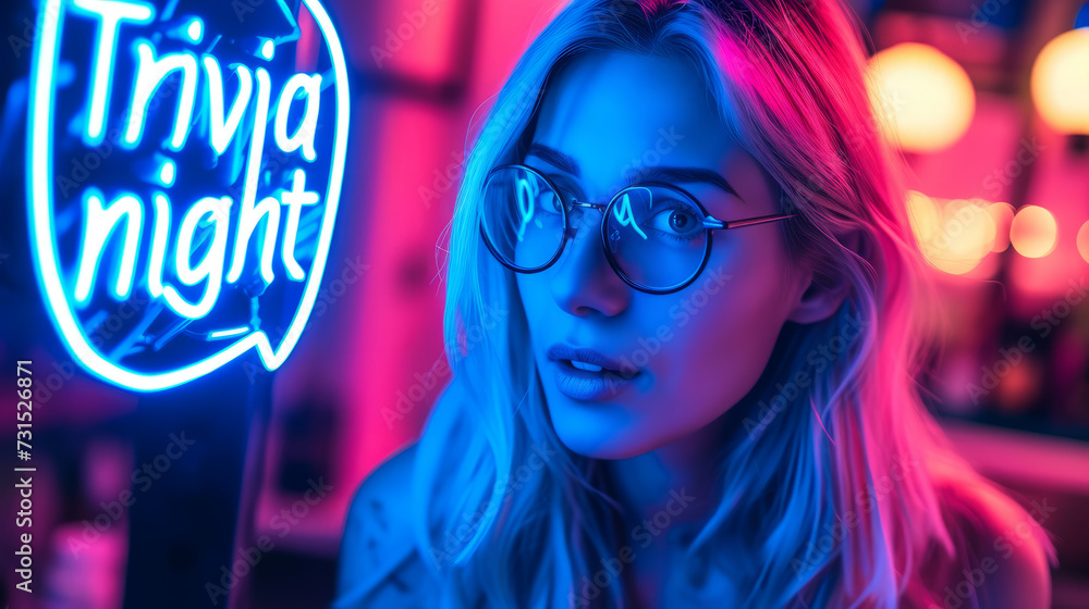 Trivia night concept image with a smart young woman participating to a ...