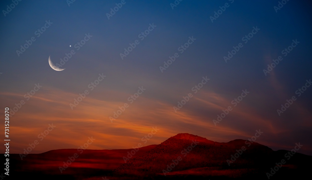 Islam Night Sky Moon Sunset Desert Background Mubaruk Greeting Islam ...