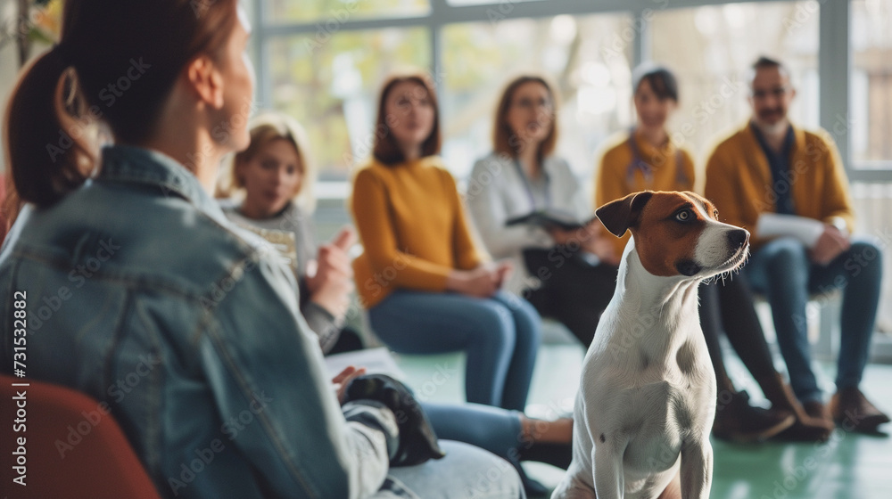 Design an image focusing on a veterinarian educating a group of pet ...