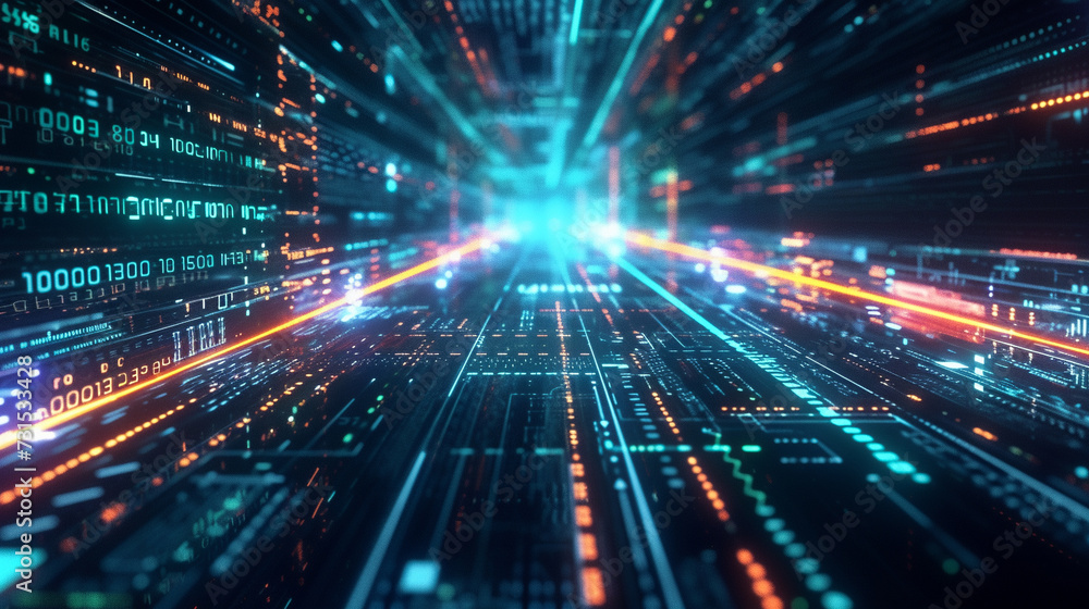 visualize a sophisticated cybernetic dashboard where glowing lines and dynamic data streams ...