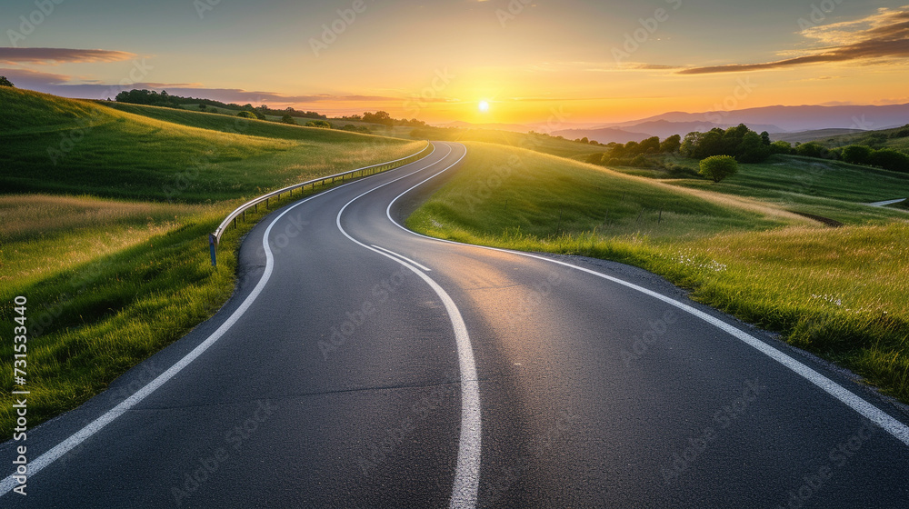 visualize a winding road stretching towards the horizon, bathed in the ...