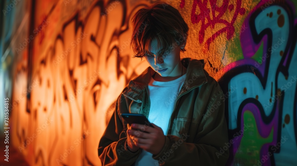 teenage boy experiencing cyberbullying graffiti wall backdrop Stock ...