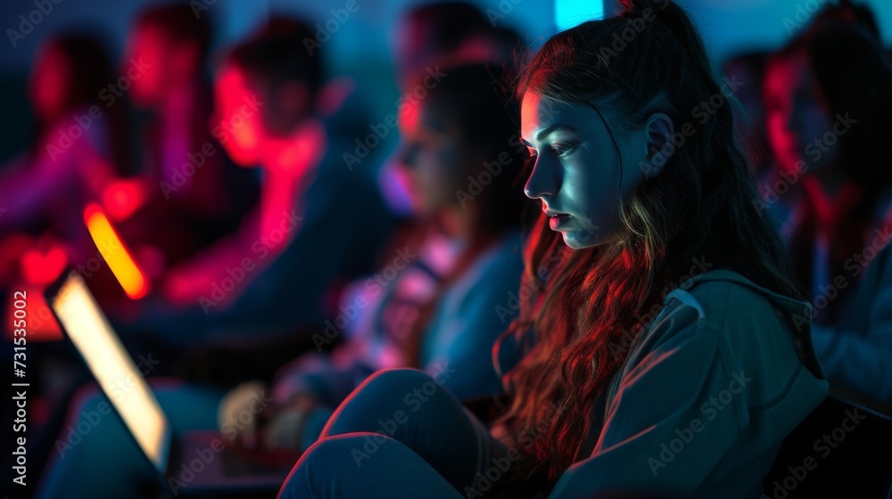 cyberbullying activity classroom with neon light and students sit in ...