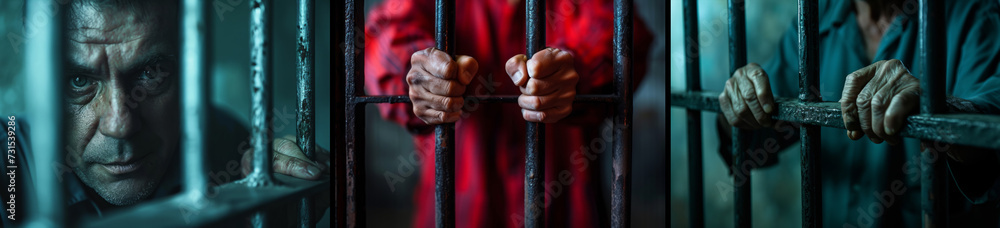 Collage made of photos of imprisoned people in prison cells behind iron ...