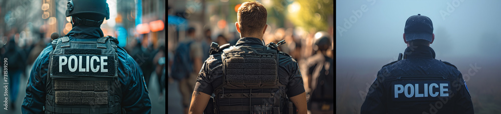 Daily life of urban police officers. Collage made of photos of police ...