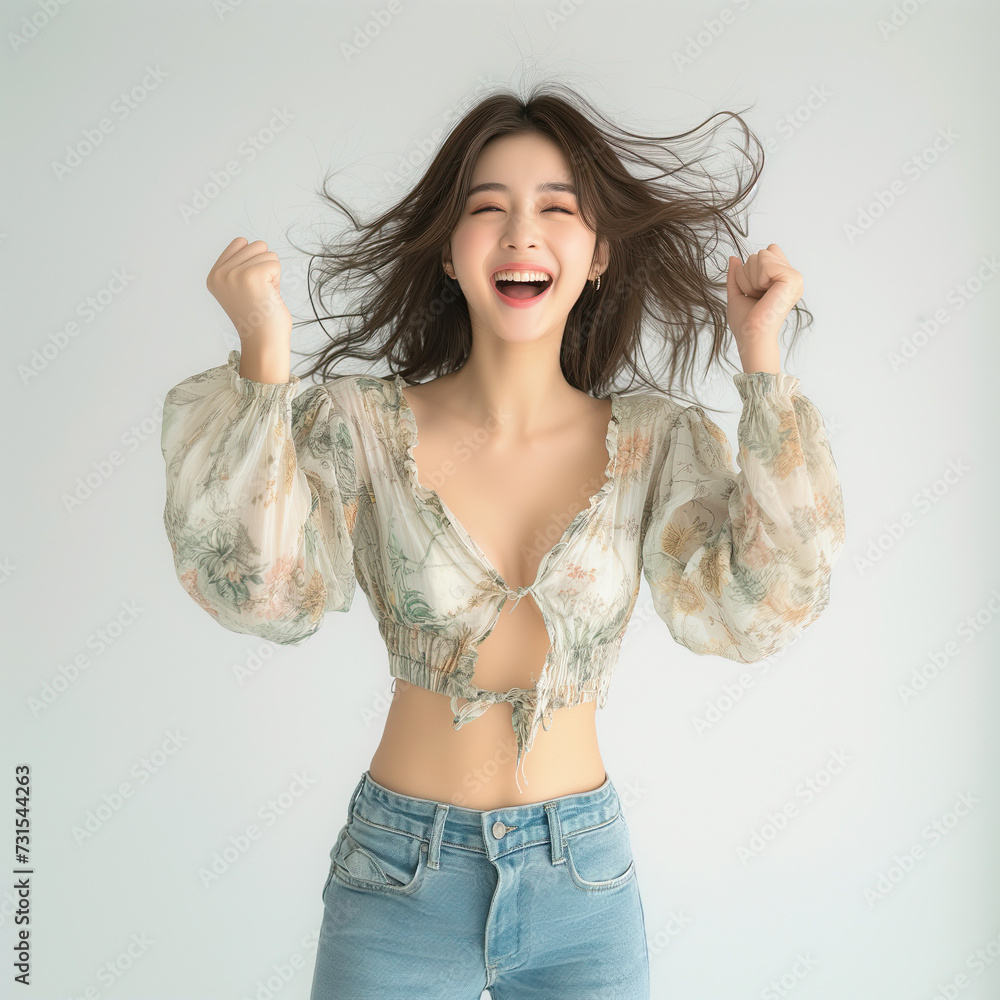 Half body Profile portrait of Asian joyful young woman jumping wear ... Half body Profile portrait of Asian joyful young woman jumping wear ...