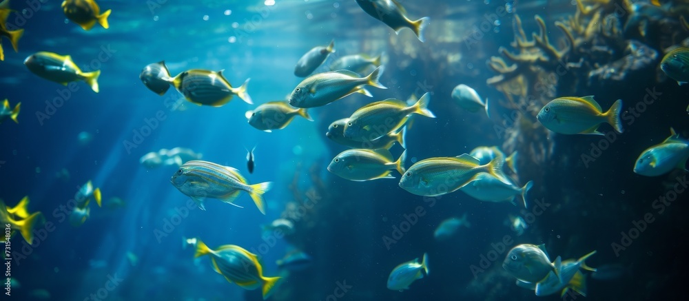 A multitude of fish, with their fluid fins gliding through azure waters ...