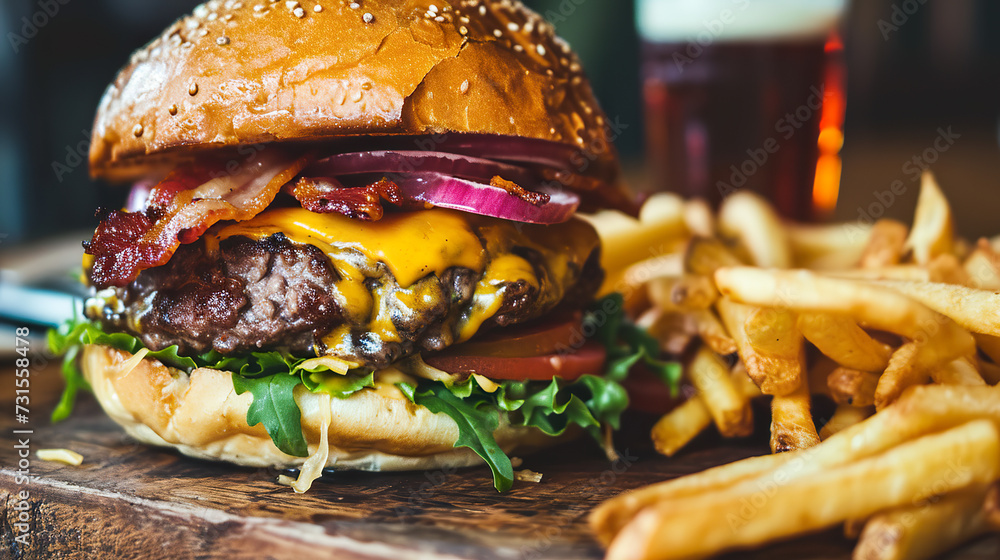 Beef burger with bacon and French Fries angle view, ultra realistic ...