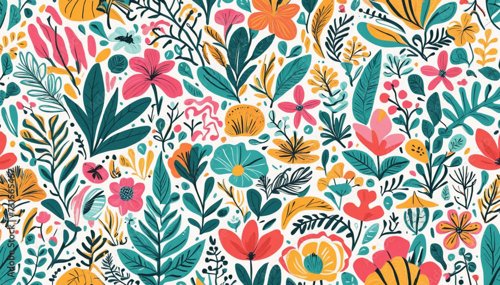 Abstract summer art seamless pattern with colorful nature doodles ...