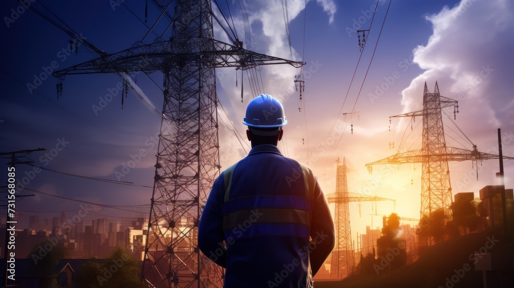 Silhouette of Back side view an engineer inspects an electrical plant ...