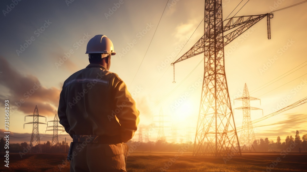 Silhouette of Back side view an engineer inspects an electrical plant ...