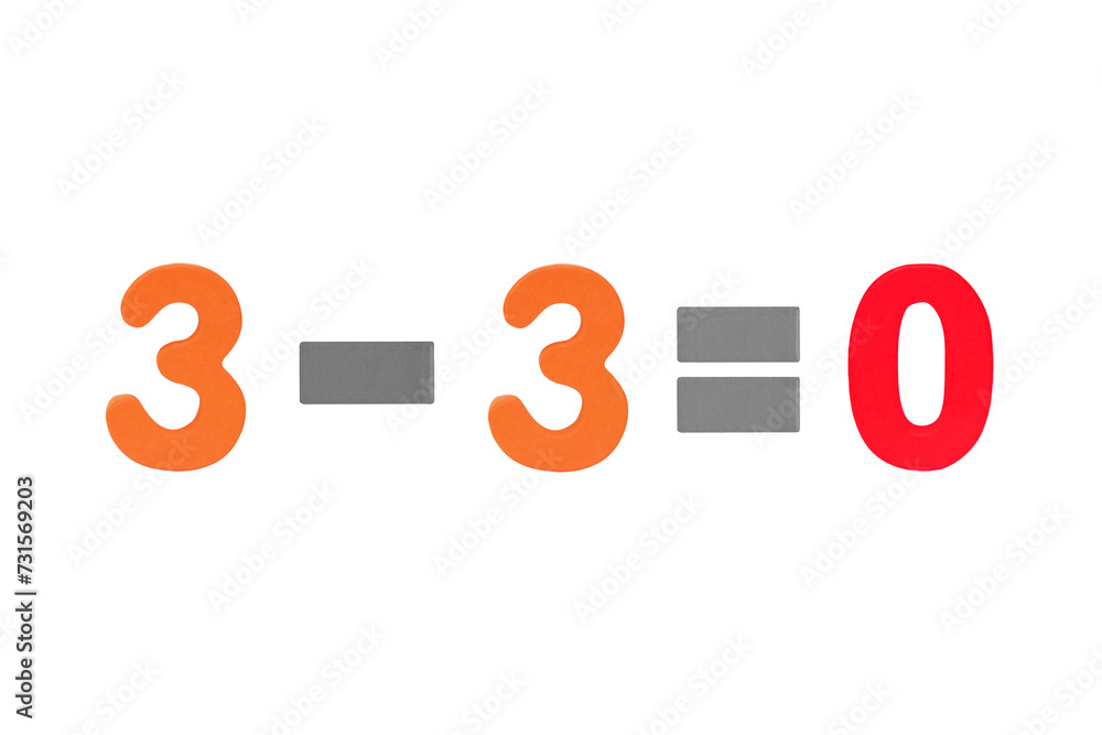 Arabic numerals Three minus Three equals zero 3-3=0 Isolated on cut out ...