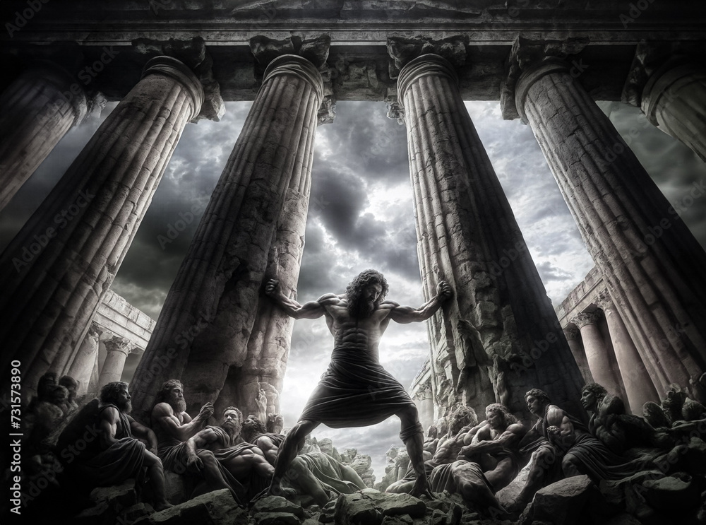 Samson, Pushing down the pillars of the temple Bible story Stock ...