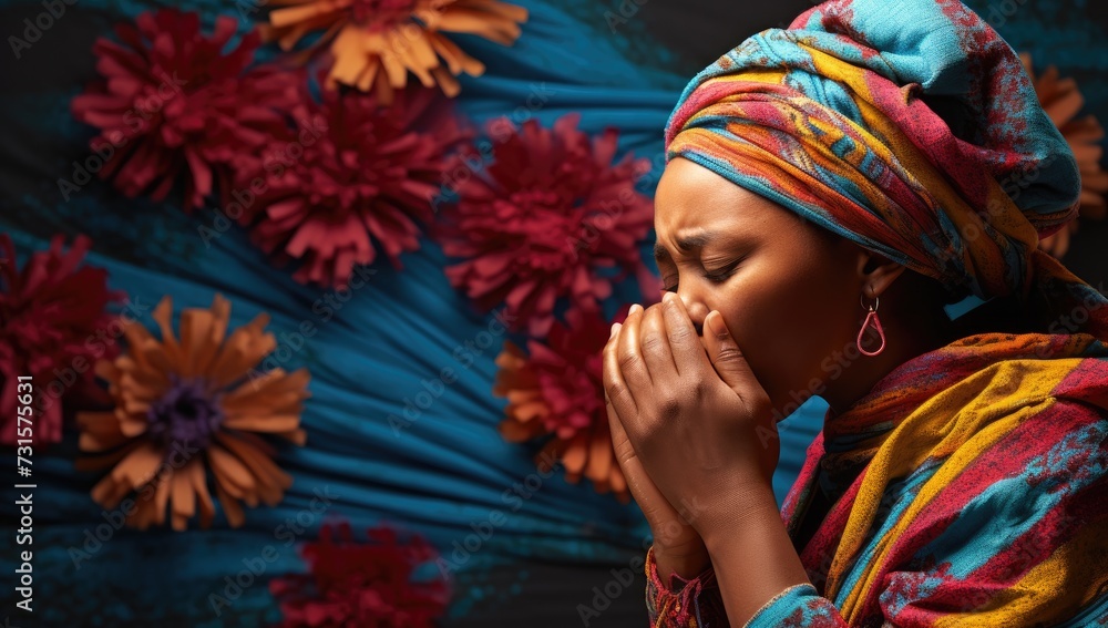 ภาพประกอบสต็อก Amidst the throes of sickness, a woman exhibits flu or ...