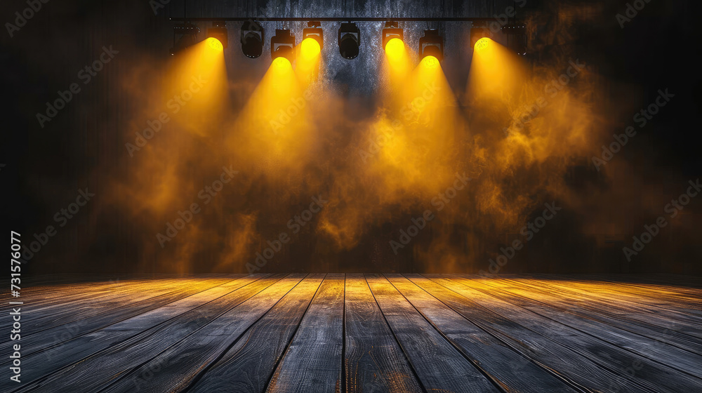 Free stage with lights and smoke, Empty stage with yellow spotlights ...