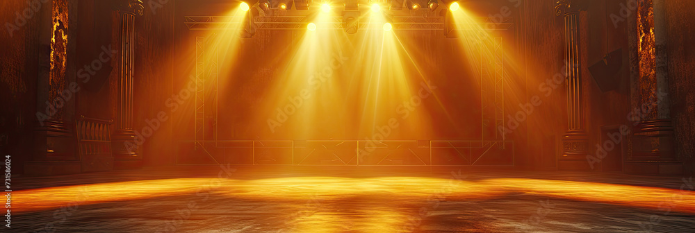 Free stage with lights and smoke, Empty stage with gold yellow ...