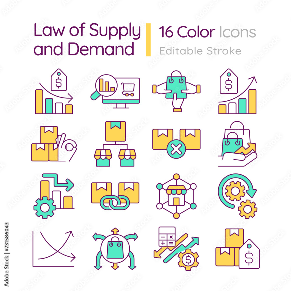 Market economics principles RGB color icons set. Law of supply and ...