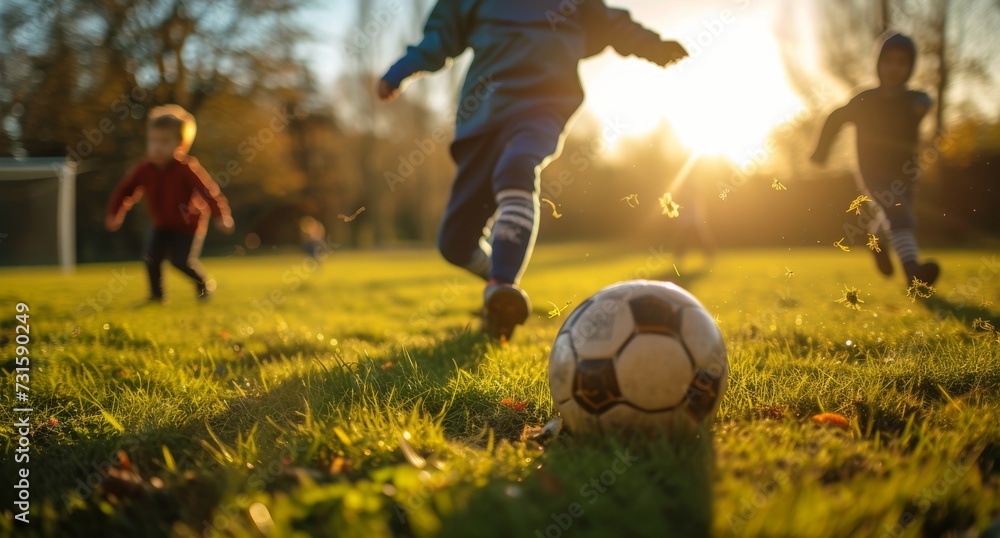 Boys happily chasing the football on grass field, football soccer ...
