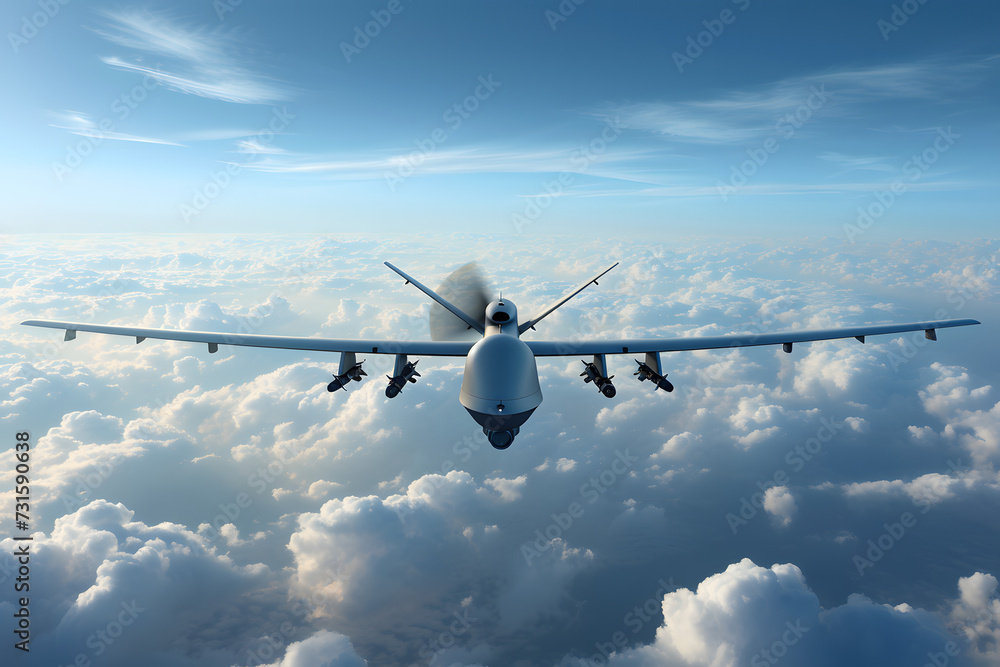 Unmanned military drone flying in the sky above the clouds, American ...