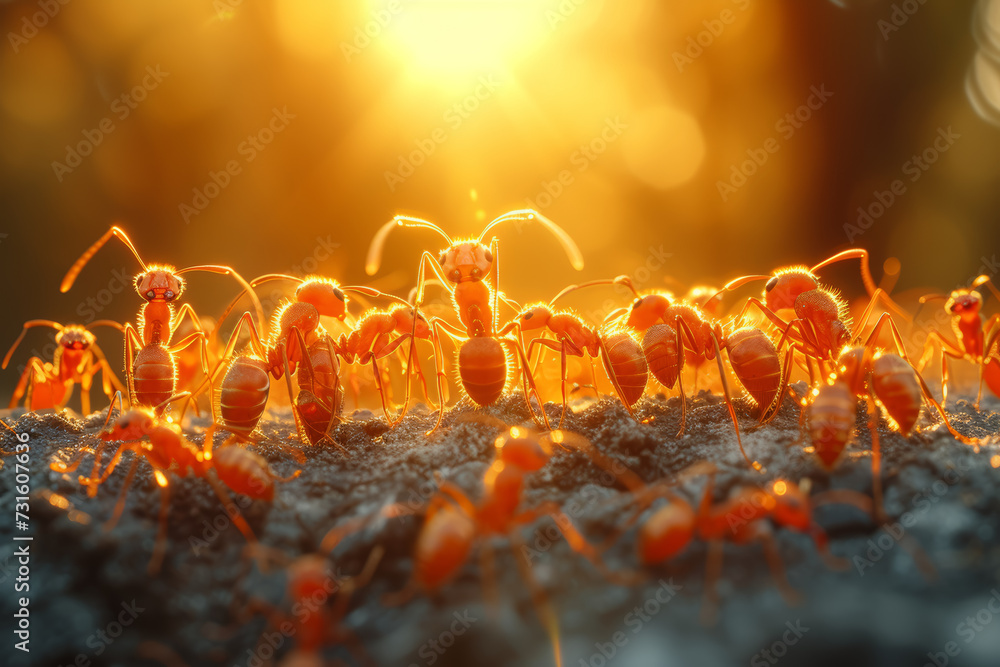 A group of ants working together to transport food to their nest ...