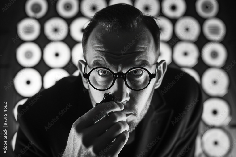 Retro eye chart forms backdrop for man with thick glasses analyzing ...