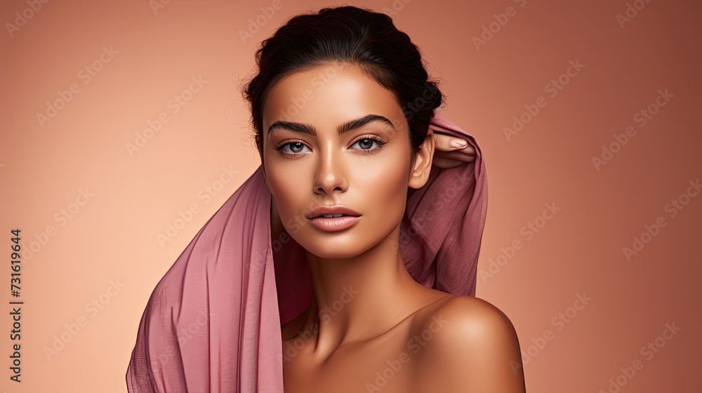 Beautiful Mexican woman modeling brand clinic skincare with natural ...
