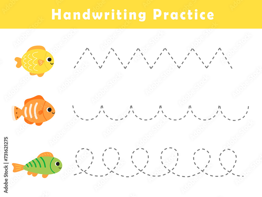 Handwriting practice sheet with cute fish illustration . Basic writing ...