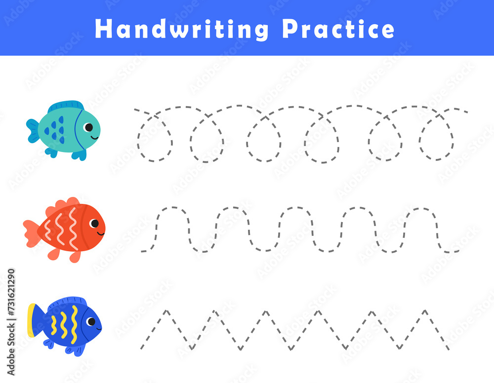 Handwriting practice sheet with cute fish illustration . Basic writing ...
