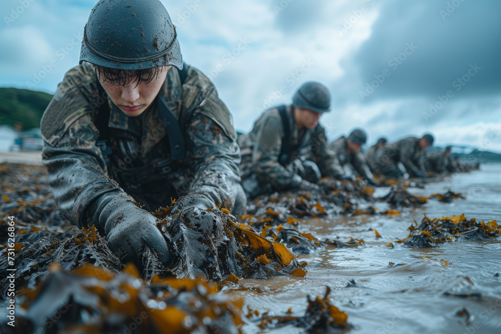 Eco-soldiers participating in beach restoration projects, rejuvenating ...