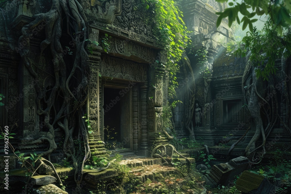 An ancient, abandoned temple overrun by nature, with intricate carvings ...