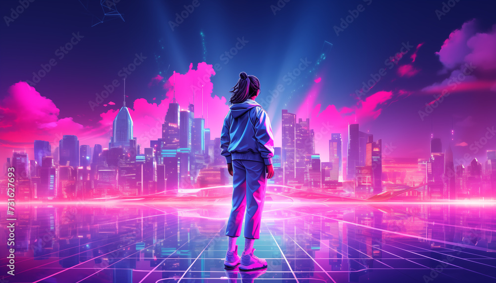 Beautiful synthwave girl in a nice looking clothes in a synthwave world ...