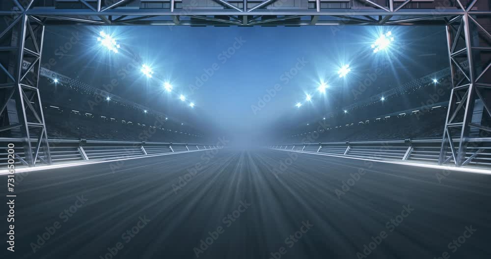 Racing track and finish line space with gate and shining spotlights on ...