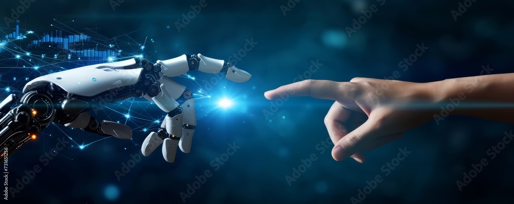 A human hand reaching out to touch a robotic hand, symbolizing the ...