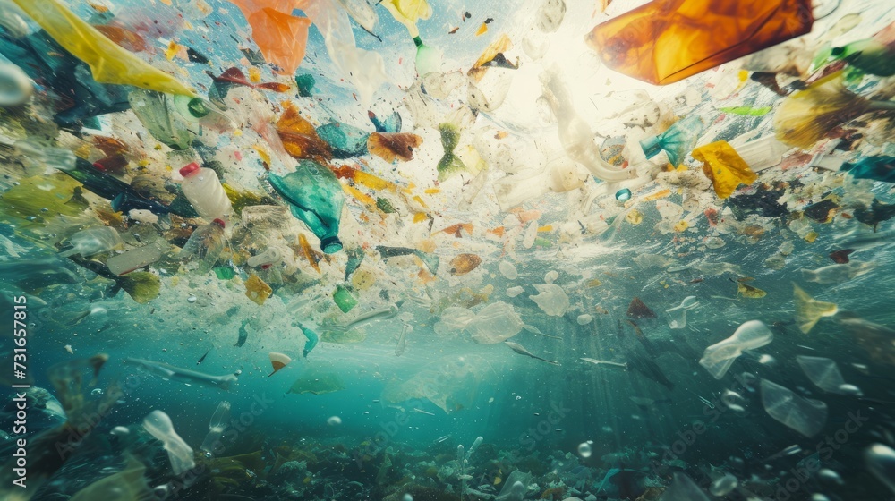 Pollution in the ocean, underwater pollution, plastic bags and garbage ...