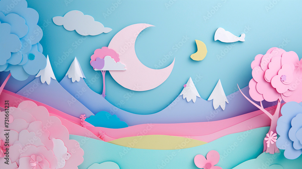 papercraft night design of children's fairytale landscape, pastel ...
