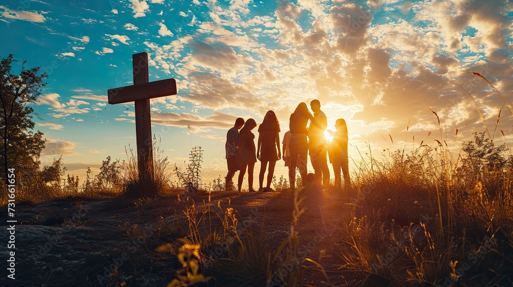 Christian young people around wooden christian cross. Christian ...