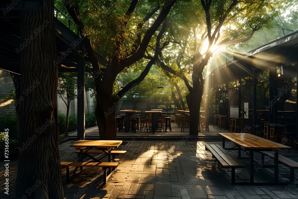 Serene park cafe scene at sunset with rays of light. outdoor wooden ...