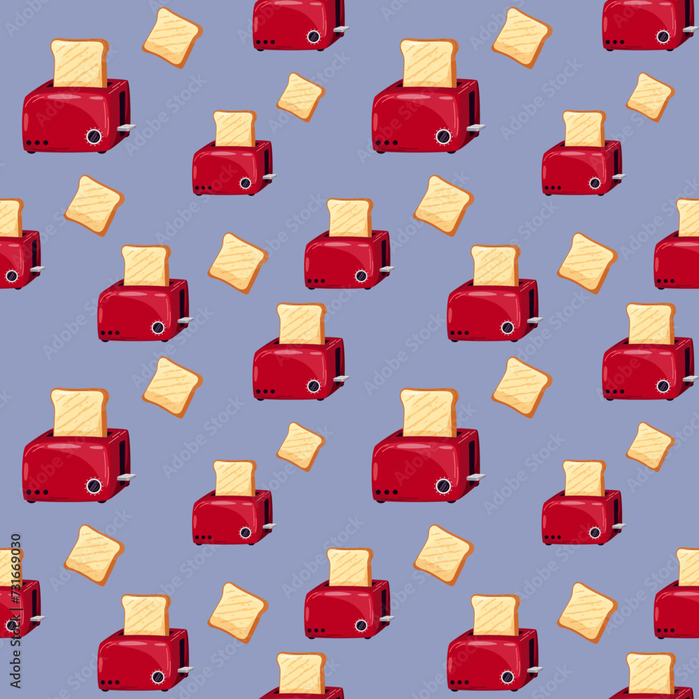 Vector seamless pattern with red toasters with toast on a blue ...