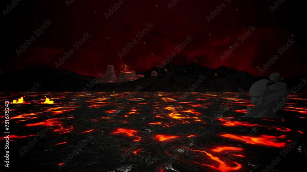 Animation of lava flow in desert island. Cartoon background of erupted ...